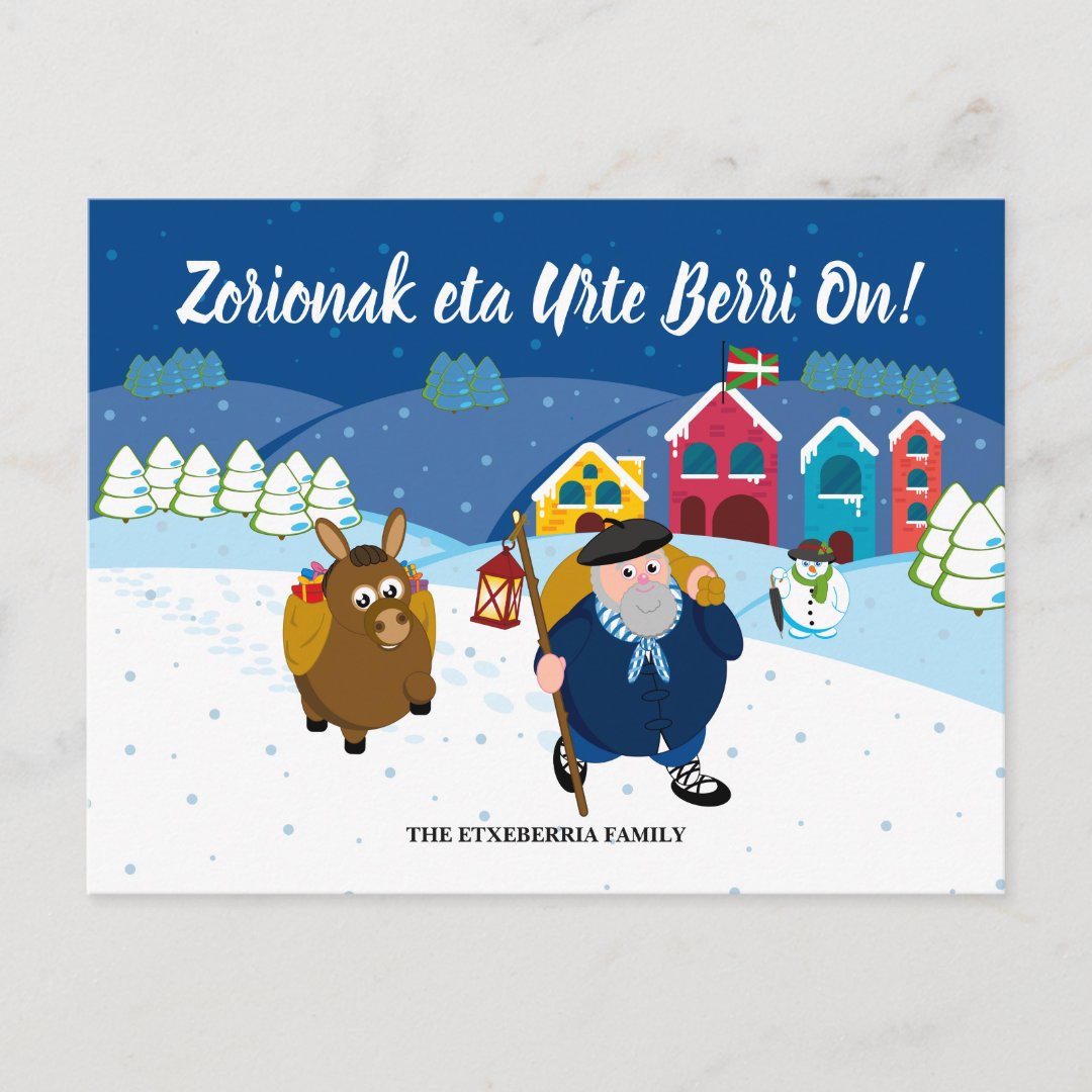 Custom text Basque Olentzero Christmas snow scene: Holiday Postcard ...