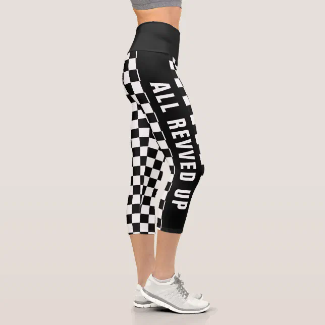 Custom Text Black And White Checkered Flag Pattern Capri Leggings | Zazzle