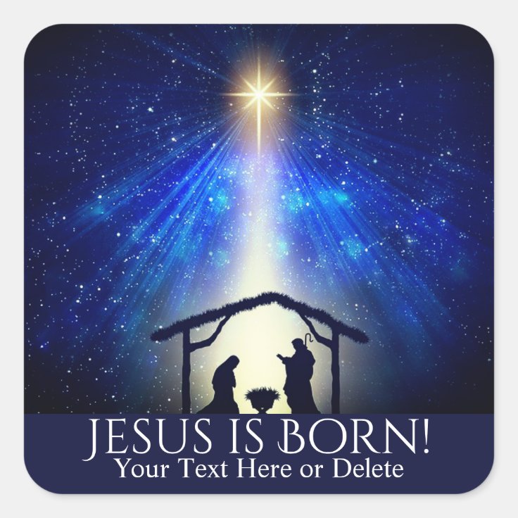 Custom Text Jesus is Born Nativity Christmas Star Square Sticker | Zazzle