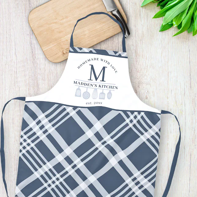 Custom Text Navy Blue White Buffalo Plaid Monogram Apron | Zazzle