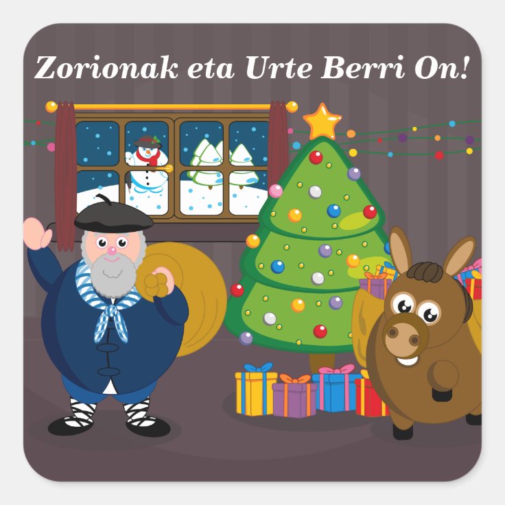 Custom text, Olentzero Navidad / Christmas scene: Square Sticker | Zazzle