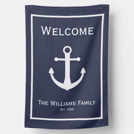 Custom Text on Midnight Blue Nautical Welcome House Flag | Zazzle