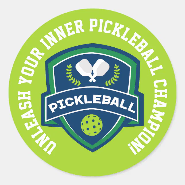 Custom text Pickleball green and blue Classic Round Sticker | Zazzle