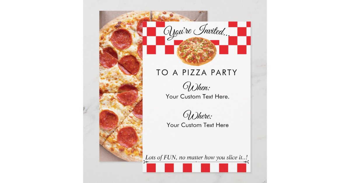 Custom Text Pizza Party|Fun Red White Checker Invitation | Zazzle