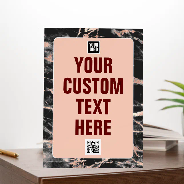 Custom Text, QR Code Logo Black & Rose Gold Marble Foam Board | Zazzle