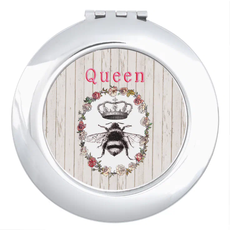 Custom Text/ Rustic Wood Country Wreath Crown Bee Compact Mirror | Zazzle