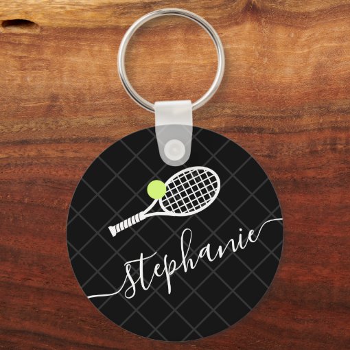 Custom Text Tennis Ball Racket Monogrammed Keychain | Zazzle