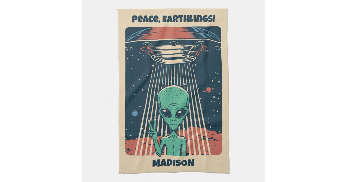 Custom Text UFO Alien Kitchen Towel | Zazzle