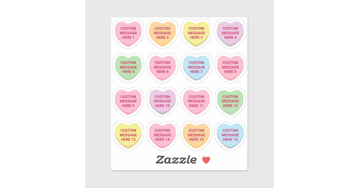 Custom text Valentine's Day 16 conversation hearts Sticker | Zazzle