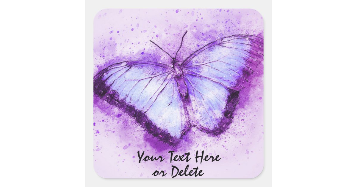 Custom Text Vibrant Purple Watercolor Butterfly Square Sticker | Zazzle