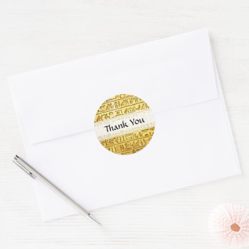 Custom "Thank You" Egyptian Hieroglyphs Yellow Classic Round Sticker ...
