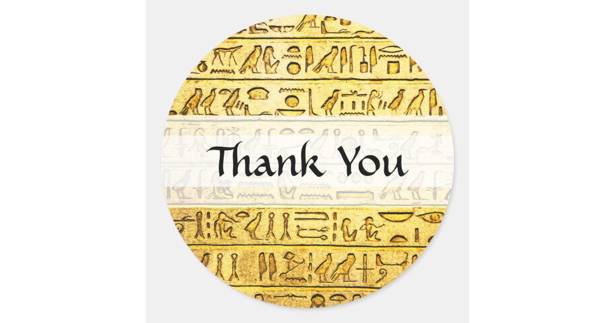 Custom "Thank You" Egyptian Hieroglyphs Yellow Classic Round Sticker ...