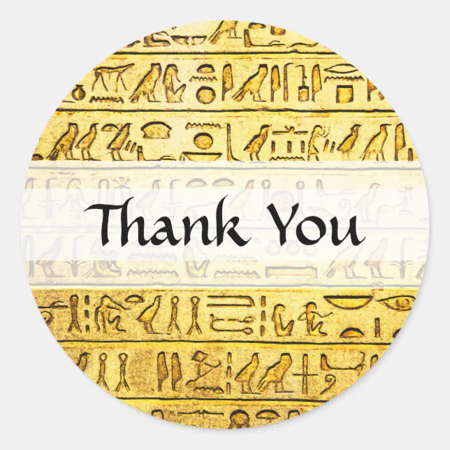 Custom "Thank You" Egyptian Hieroglyphs Yellow Classic Round Sticker ...
