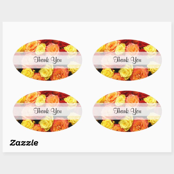Custom "Thank You" Yellow/Red/Orange Roses Oval Sticker | Zazzle