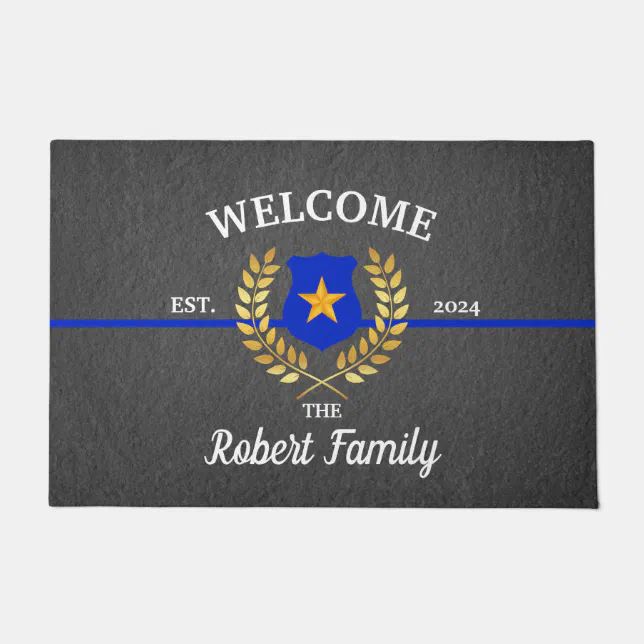 Custom Thin Blue Line Police Badge Welcome Black Doormat | Zazzle