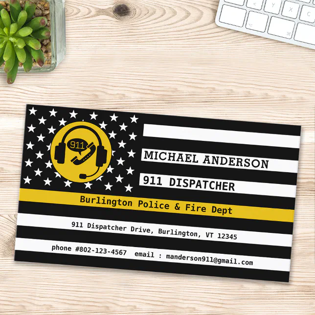 Custom Thin Gold Line American Flag 911 Dispatcher Business Card | Zazzle