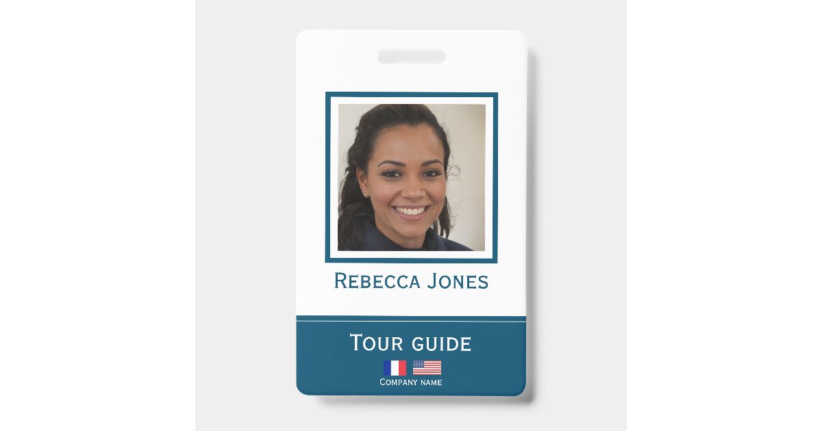 Custom tour guide photo name langage badge ID card | Zazzle