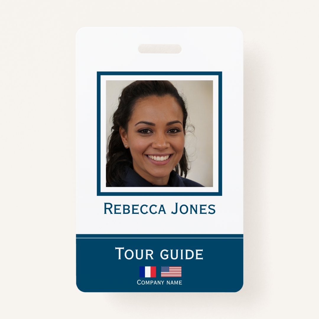 Custom tour guide photo name langage badge ID card | Zazzle