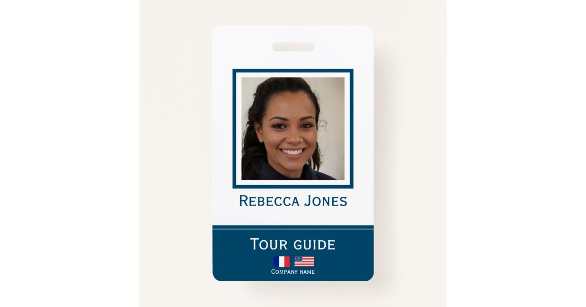 Custom tour guide photo name langage badge ID card | Zazzle