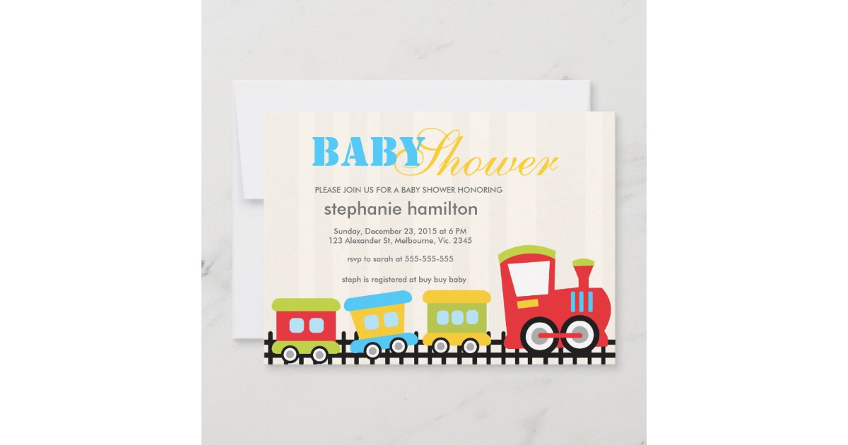 Custom transportation train baby boy shower invitation | Zazzle