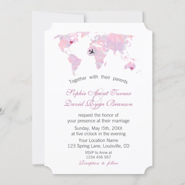 Custom Travel Wedding Watercolor World Map Invitation | Zazzle