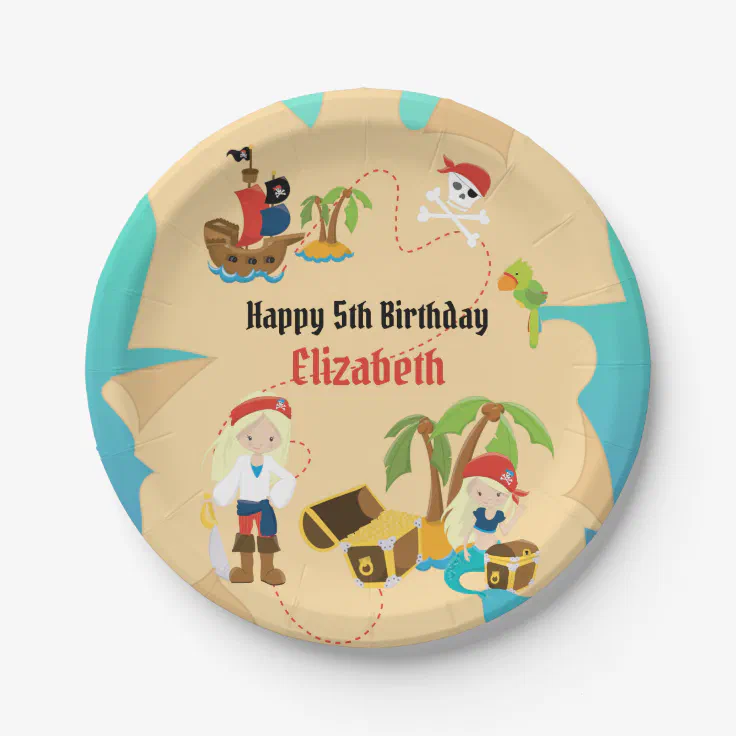 Custom Treasure Map Girl Pirate Birthday Party Paper Plates | Zazzle