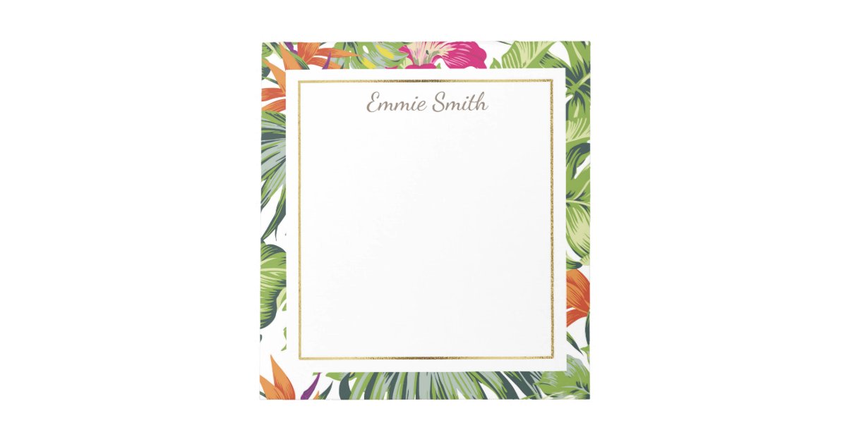 Custom Tropical Green Leaves Orange Pink Flowers Notepad | Zazzle