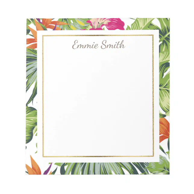 Custom Tropical Green Leaves Orange Pink Flowers Notepad | Zazzle