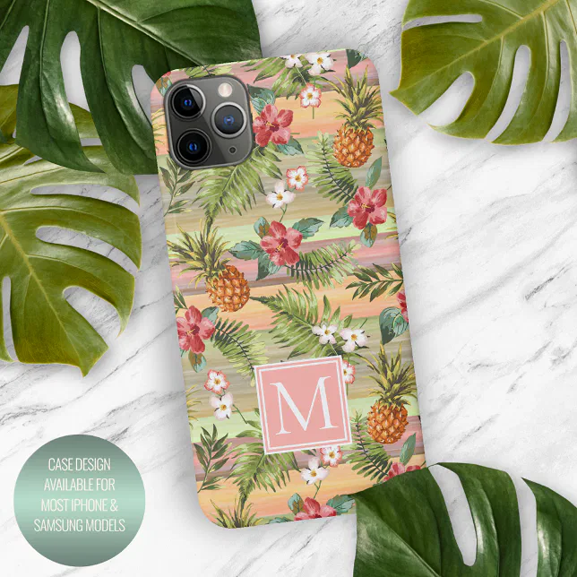 Custom Tropical Pineapple Hibiscus Floral Pattern iPhone Case | Zazzle