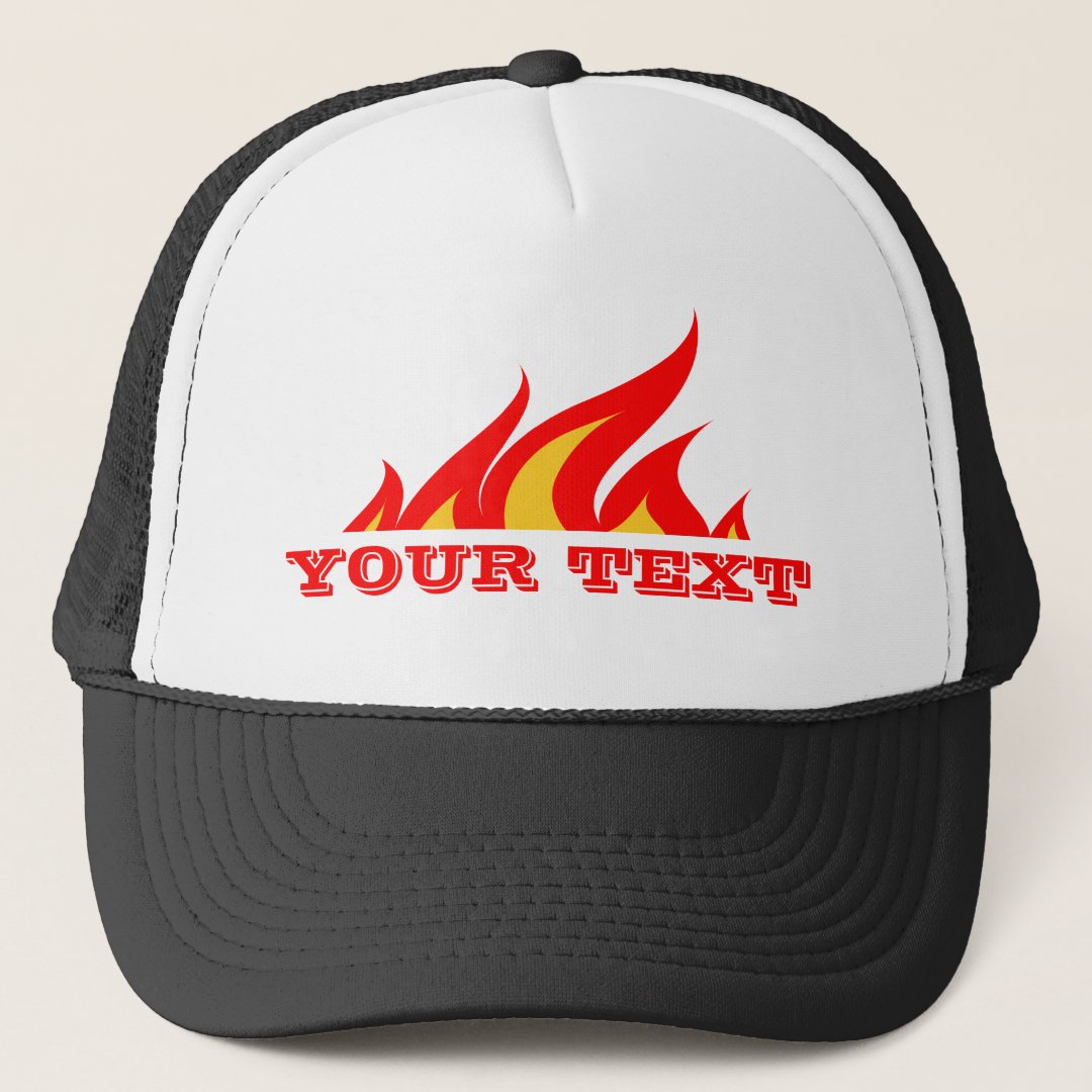 Custom trucker hat with flaming text logo | Zazzle