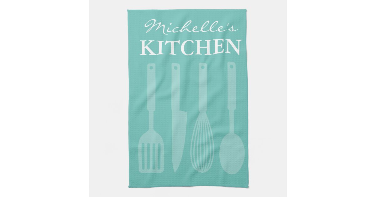 Custom turquoise cooking utensils kitchen towels | Zazzle