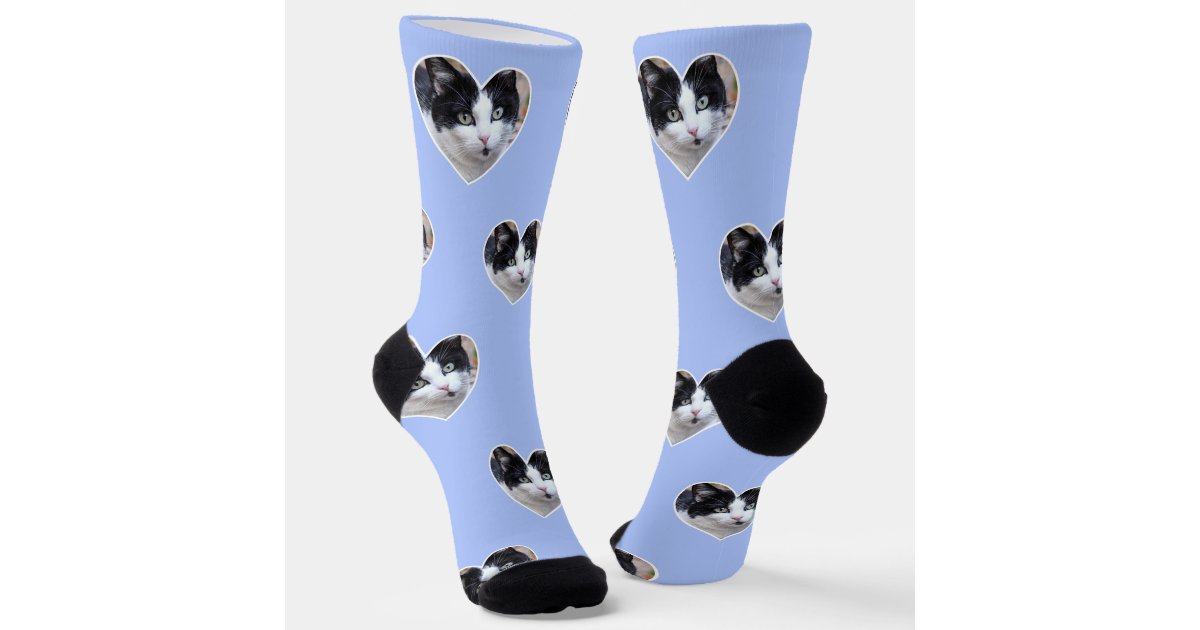 Custom Tuxedo Cat Photo on Light Blue Crew Socks | Zazzle