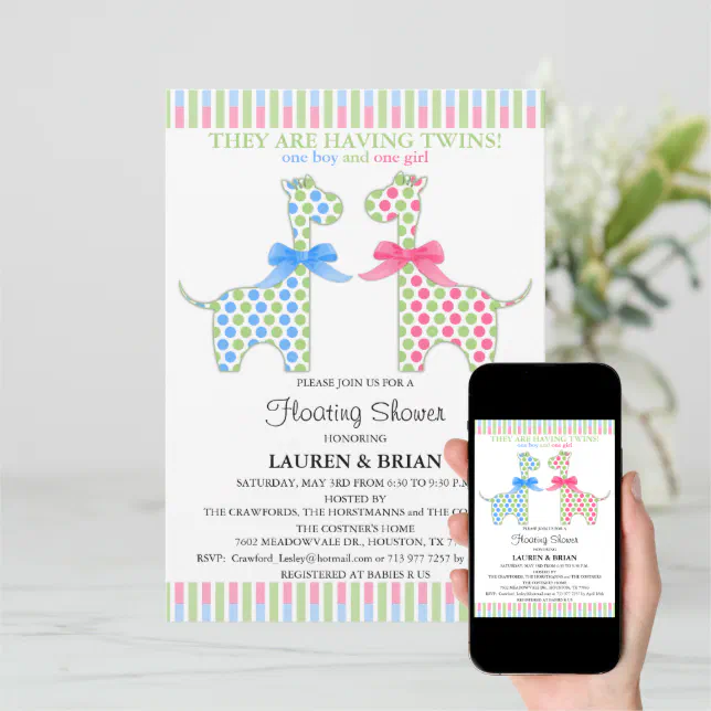 Custom Twin Giraffe Floating Baby Shower Invitation | Zazzle