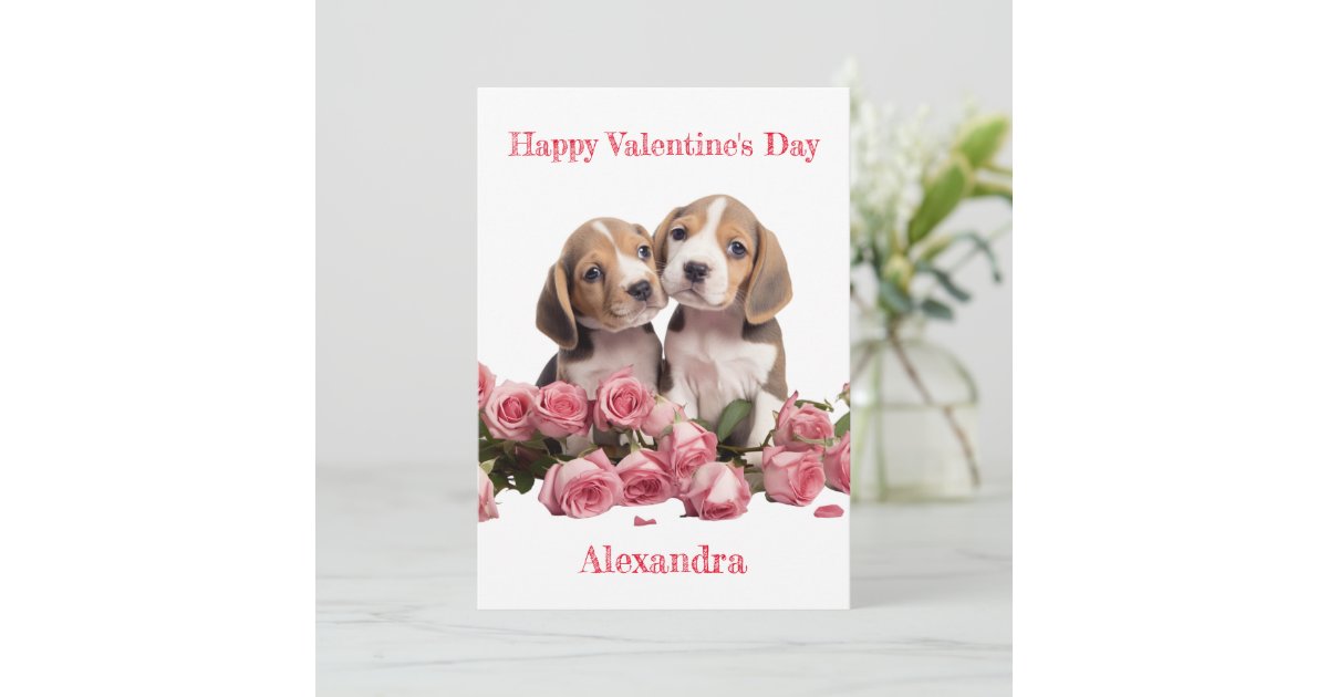 Custom Two Beagles with Pink Rose Valentine Holiday Card | Zazzle