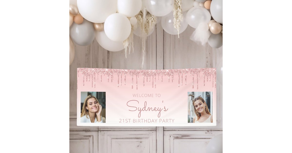 Custom Two Photo Pink Glitter Drip 21st Birthday Banner | Zazzle