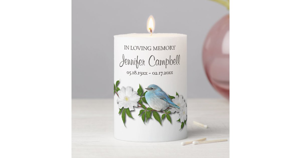 Custom Unique Personalized Blue Bird Memorial Pillar Candle | Zazzle