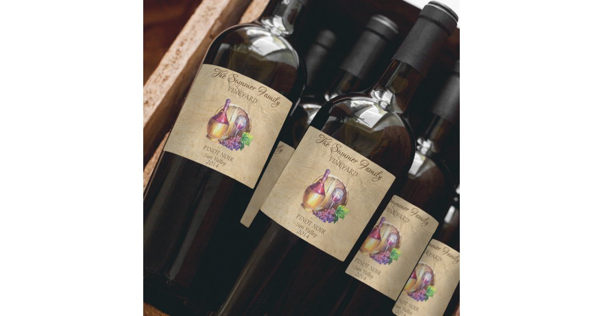 Custom Vineyard Vintage Wine Grapes Barrel Wine Label | Zazzle