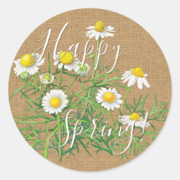 Custom Vintage Chamomile Flowers Faux Jute Burlap Classic Round Sticker ...