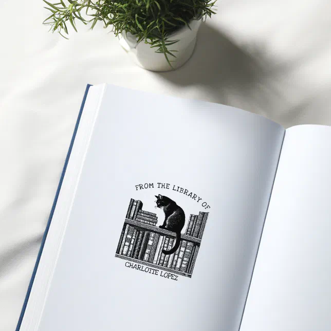 Custom Vintage Library Cat, Book Rubber Stamp | Zazzle