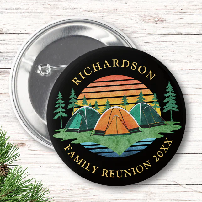 Custom Vintage Sunset Camping Family Reunion Black Button | Zazzle