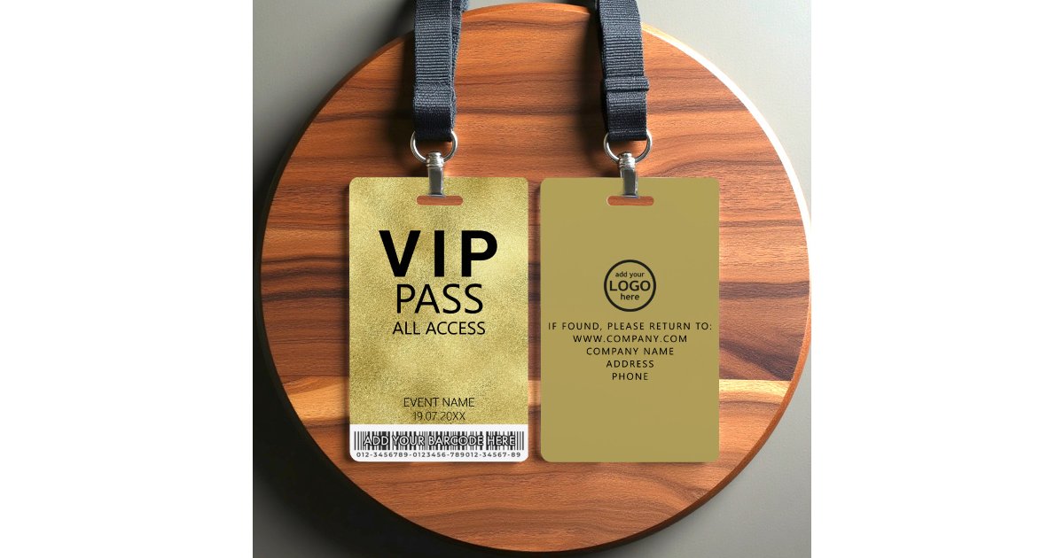 Custom VIP All Access Event Barcode Logo Gold Badge | Zazzle