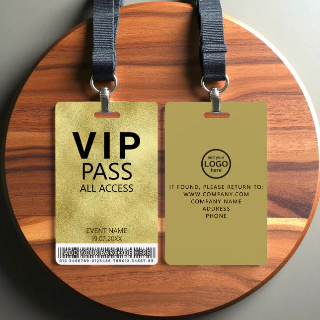 Custom VIP All Access Event Barcode Logo Gold Badge | Zazzle