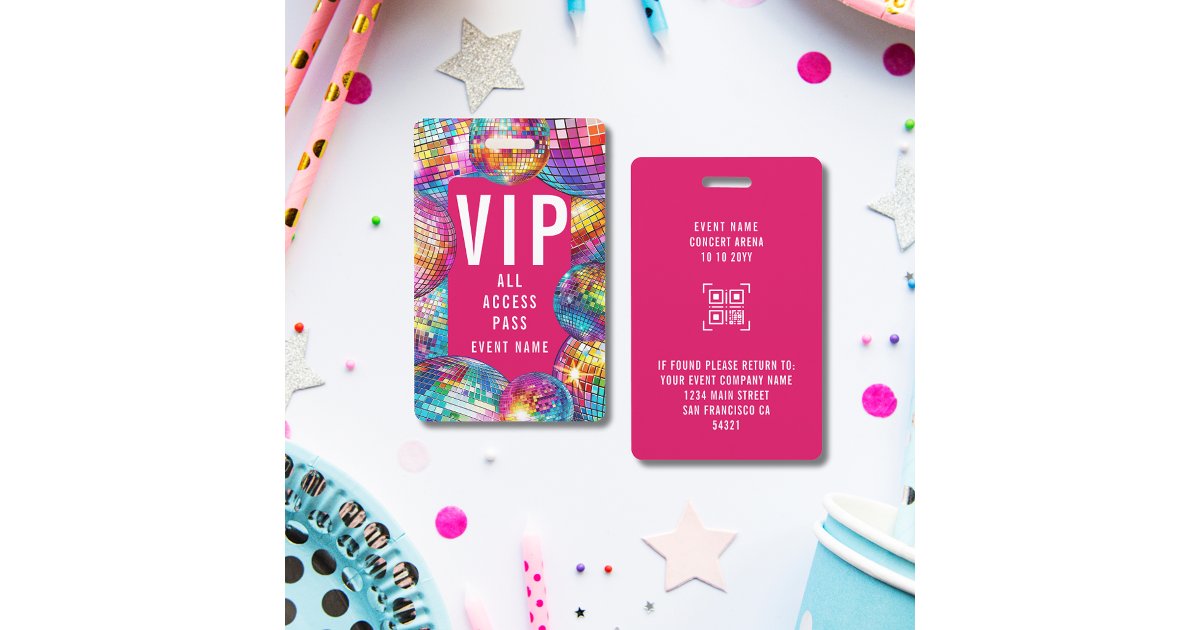 Custom VIP All Access Pass QR Code Disco Ball Badge | Zazzle