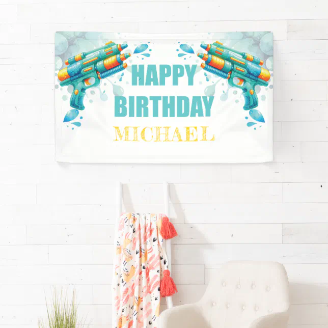Custom Water Gun Summer Kids Birthday Banner | Zazzle