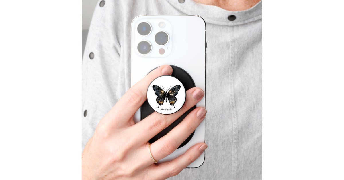 Custom Watercolor Black Gold Butterfly PopSocket | Zazzle