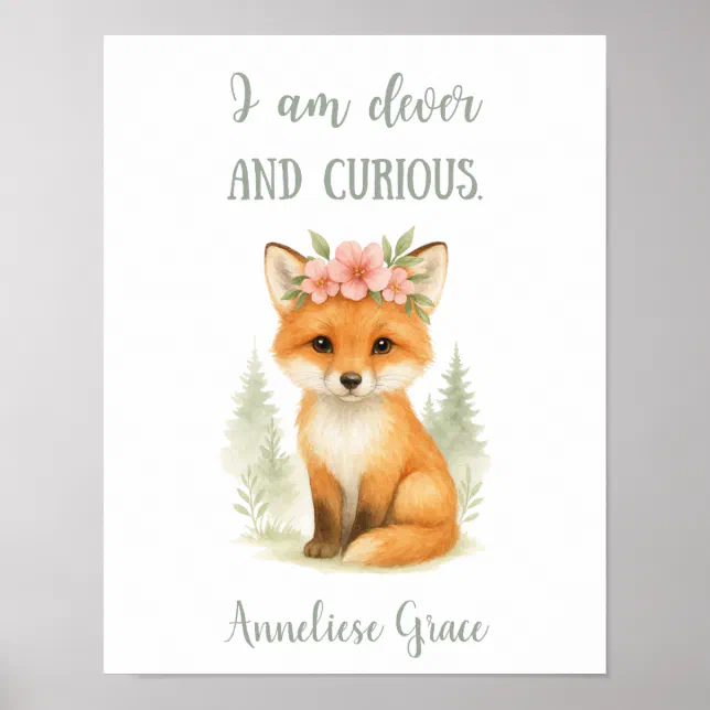Custom Watercolor Feminine Fox Woodland Nursery Poster | Zazzle