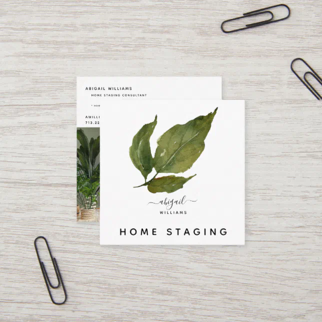 Custom Watercolor Foliage Photo Home Staging Square Business Card | Zazzle