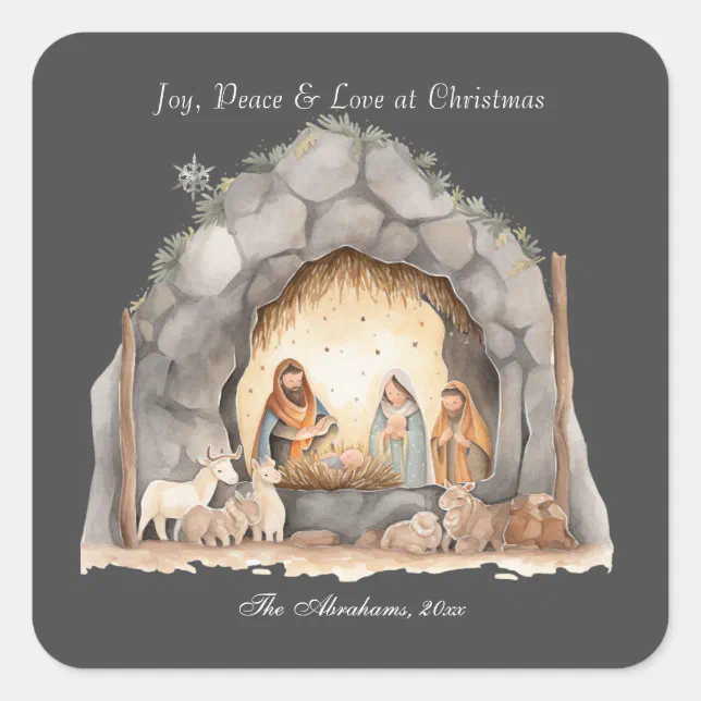 Custom Watercolor Vintage Christmas Nativity Scene Square Sticker | Zazzle