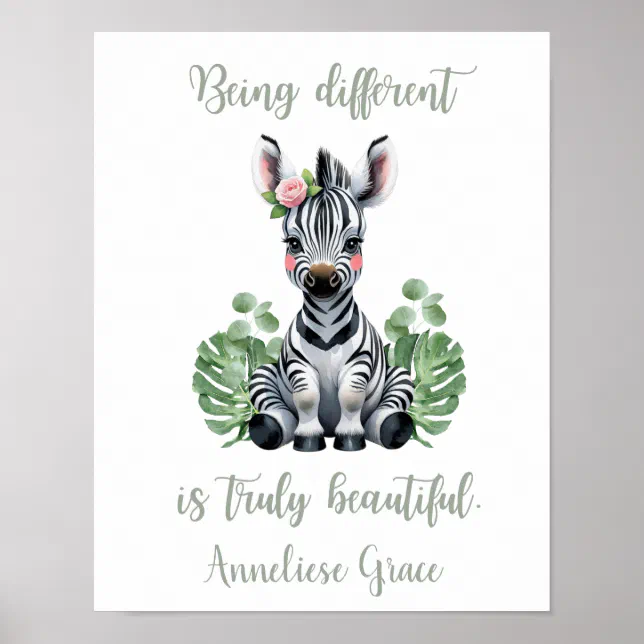 Custom Watercolor Zebra Girl Safari Nursery Poster | Zazzle