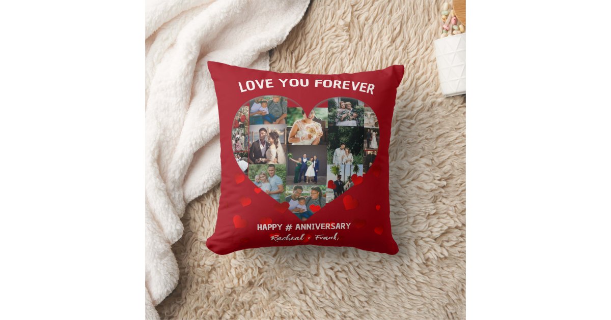 Custom Wedding Anniversary Heart Photo Collage Throw Pillow | Zazzle